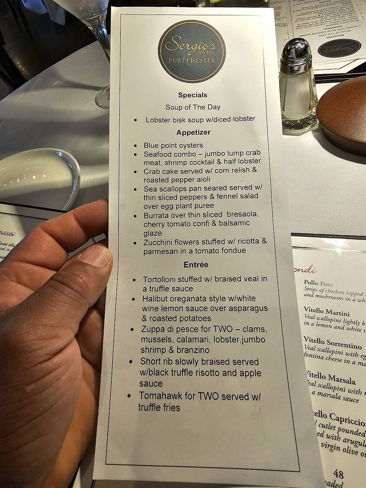 Menu at Sergio's Saw Pit restaurant, Port Chester