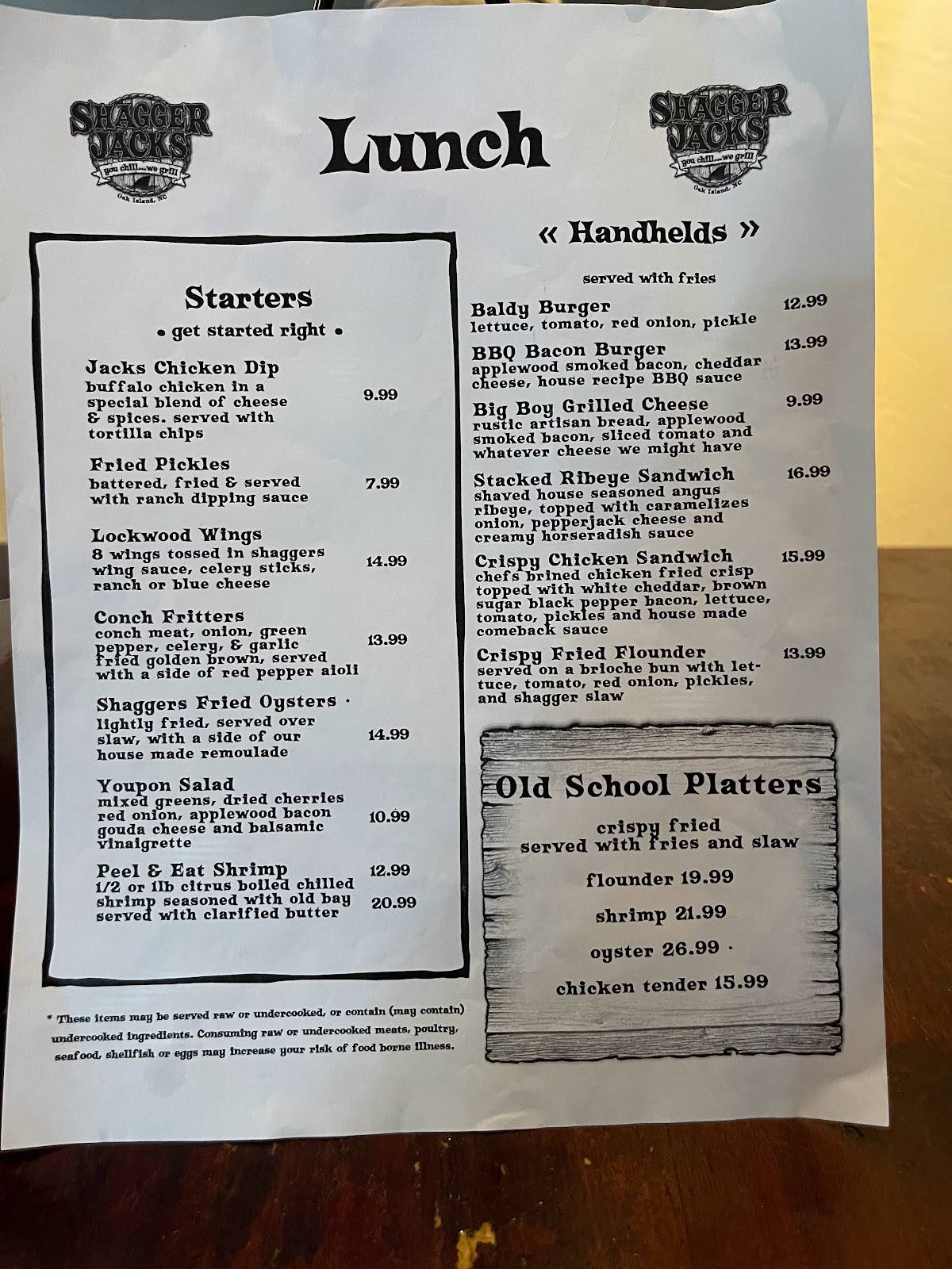 Menu at Shagger Jacks restaurant, Oak Island