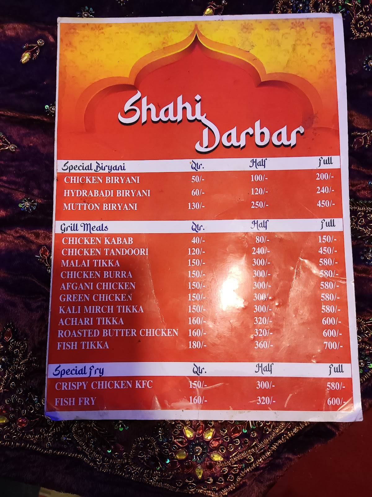 Menu at Shahi Darbar, Mainpuri