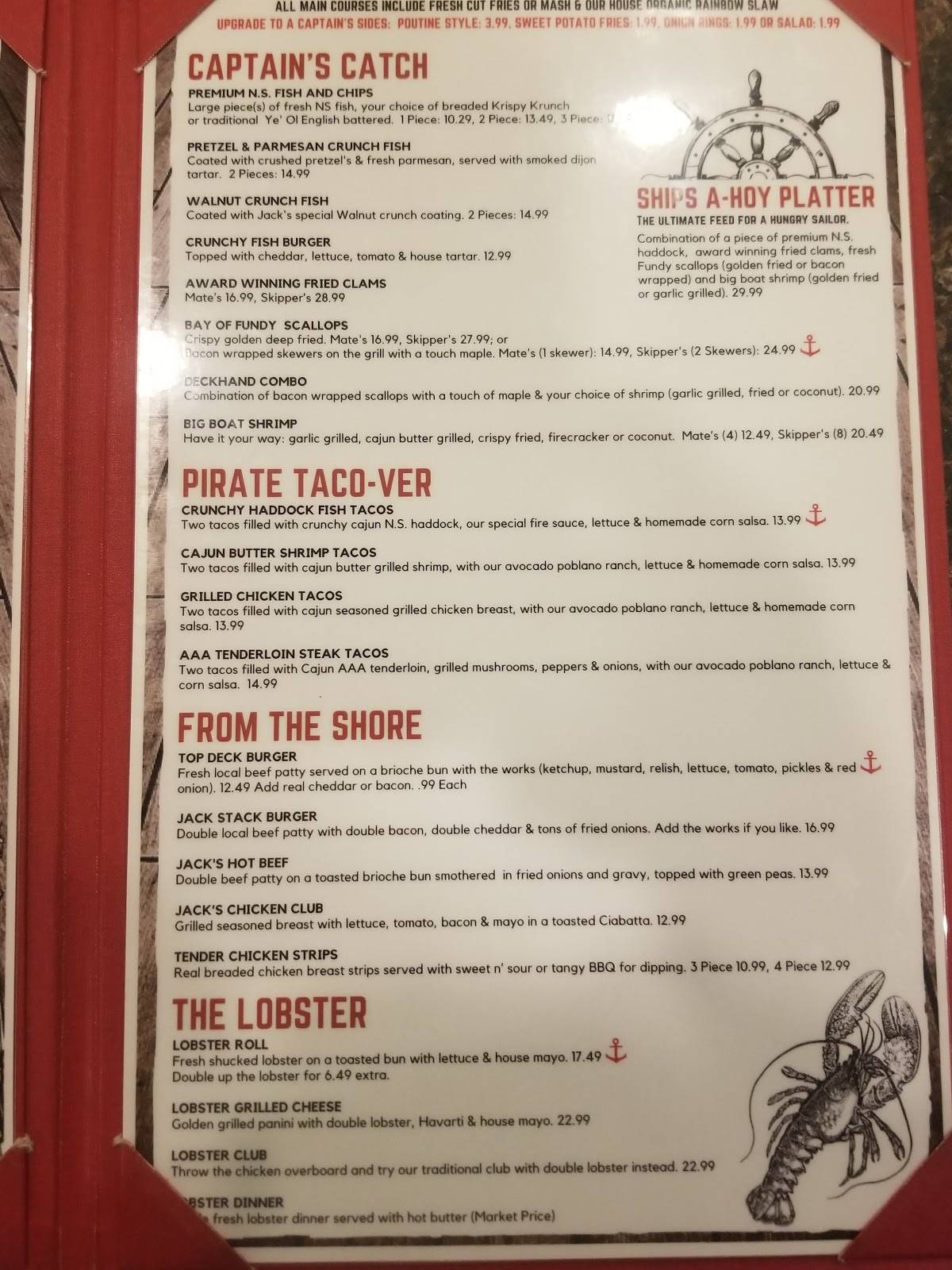 Menu at Skipper Jack's Maritime Restaurant, Moncton
