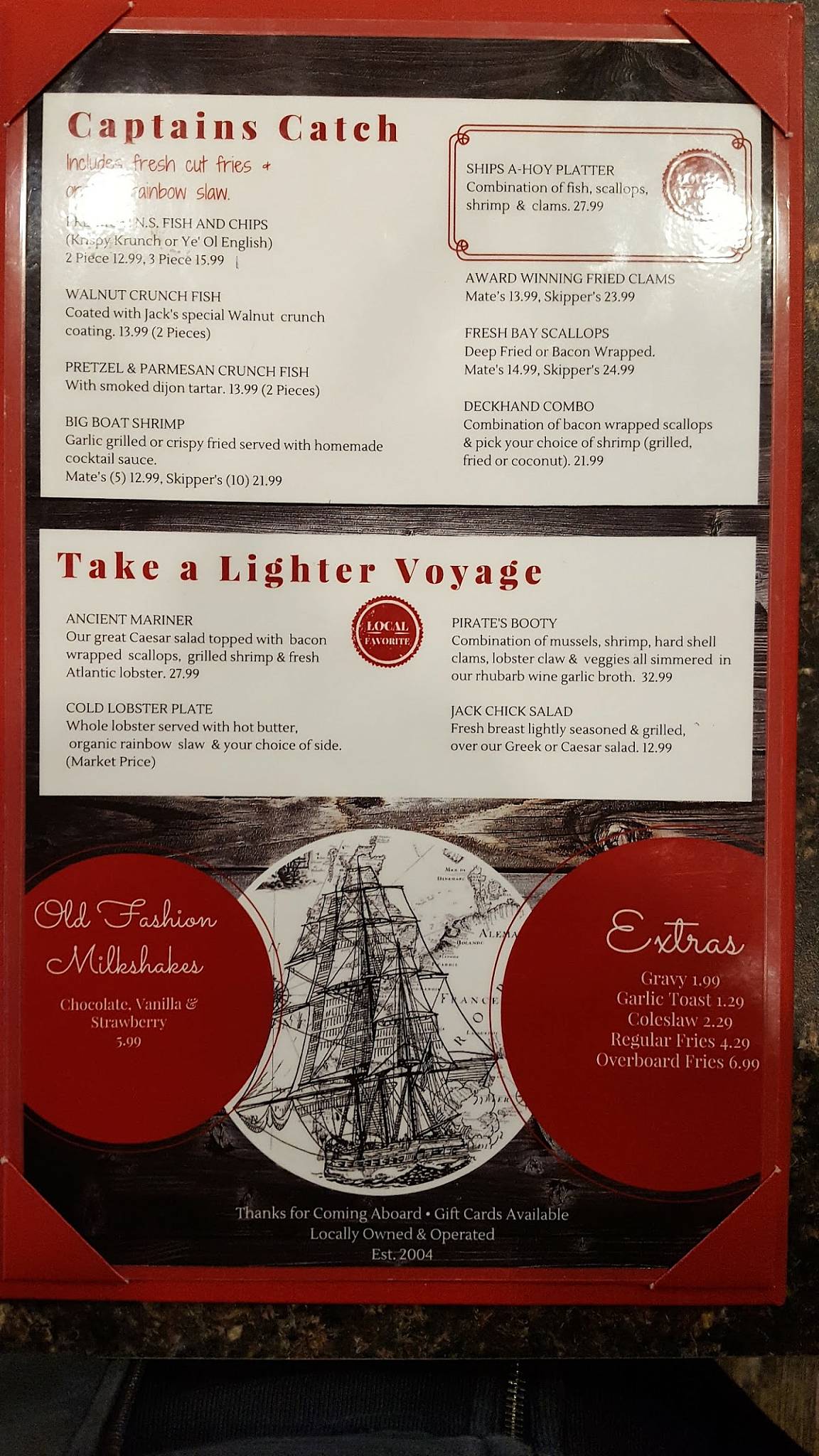 Menu at Skipper Jack's Maritime Restaurant, Moncton