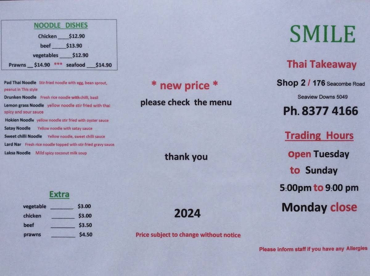 Menu at Smile Thai restaurant, Seaview Downs