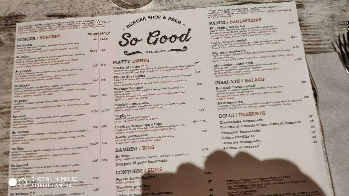 Menu da So Good - Burger Shop & Beer ristorante, Cambiago