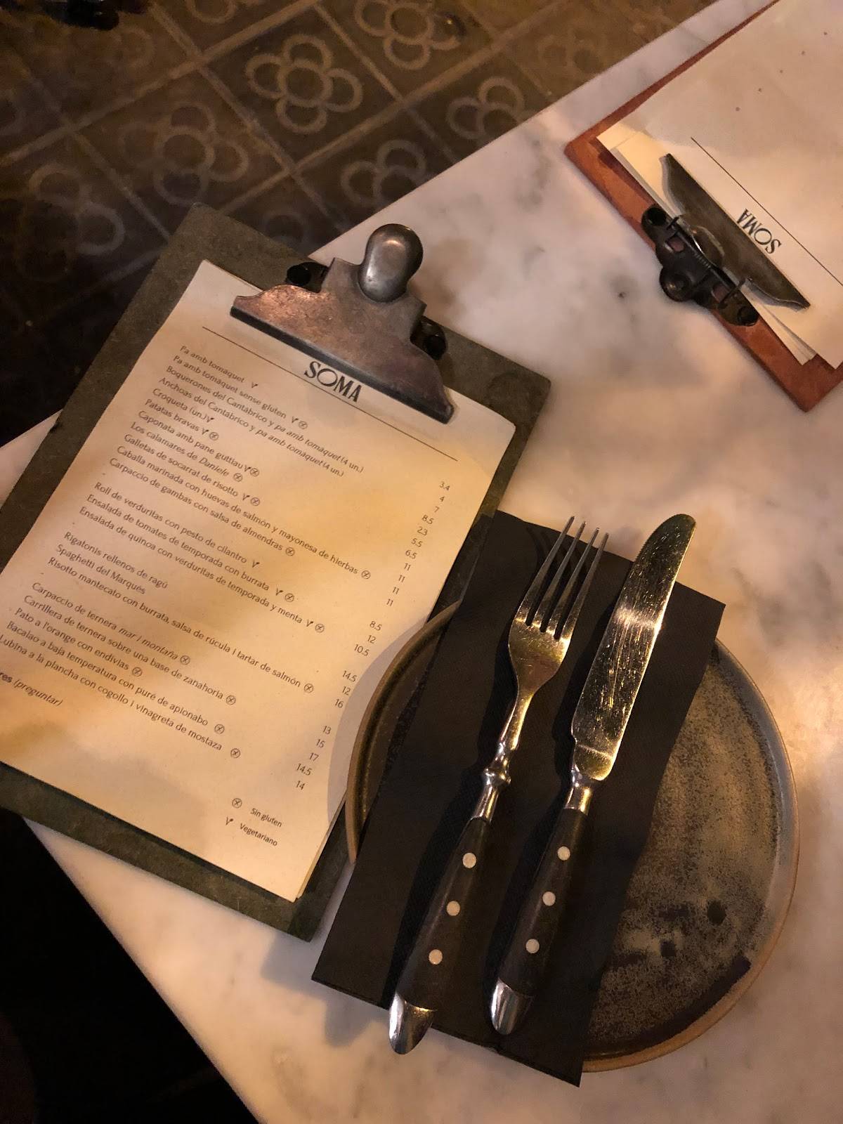 Carta de Soma restaurant, Barcelona