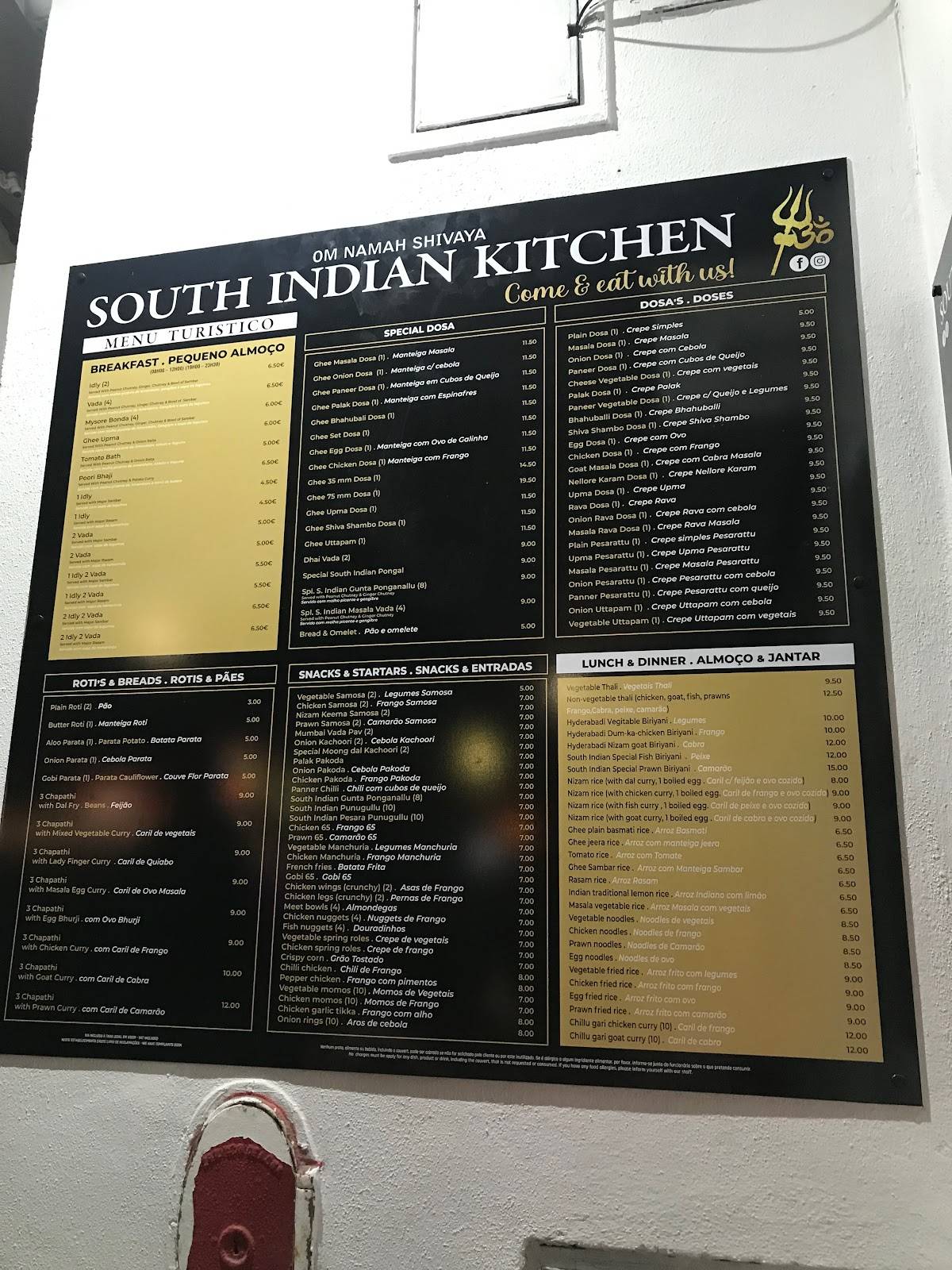 Menu at South Indian kitchen restaurant, Albufeira