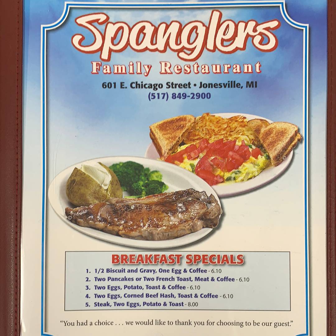 Menu at Spangler's Family Restaurant, Jonesville