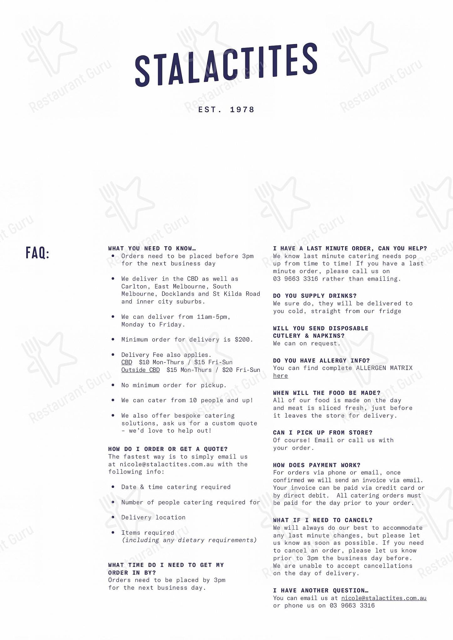 Menu at Stalactites Restaurant, Melbourne