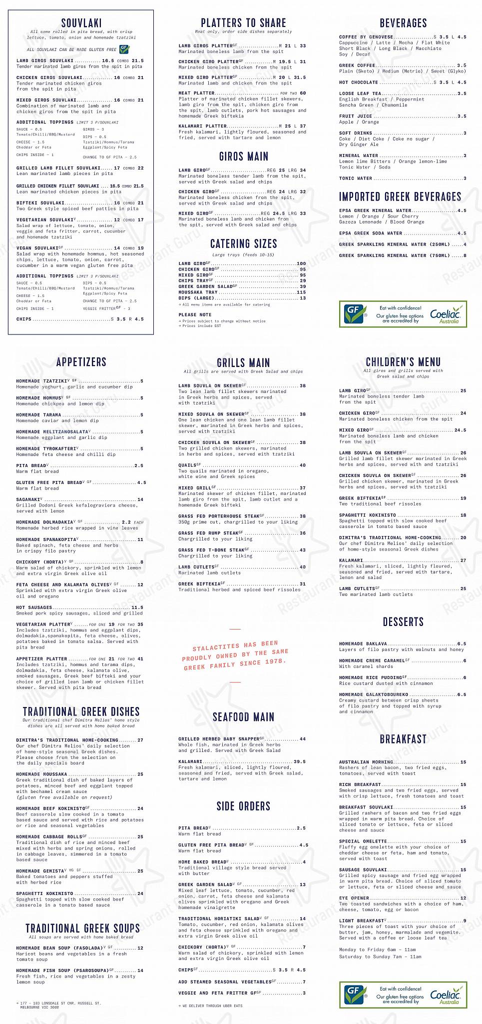 Menu at Stalactites Restaurant, Melbourne
