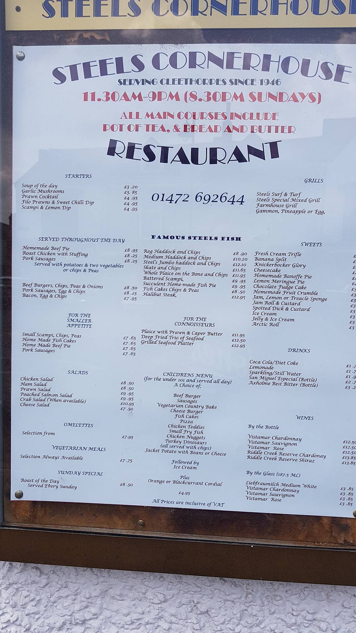 Menu at Steels Corner House Restaurant, Cleethorpes