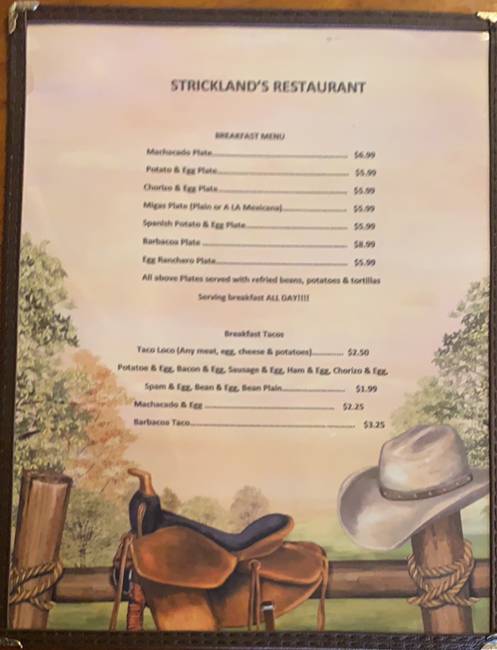 Menu at Stricklands Restaurant, Falfurrias, US-281