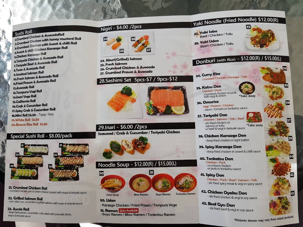 Menu at Sushi Acacia restaurant, Acacia Ridge
