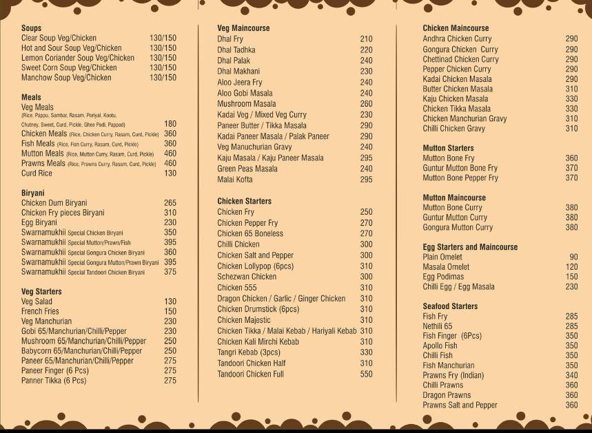 Menu at Swarnamukhii Restaurant, Tada