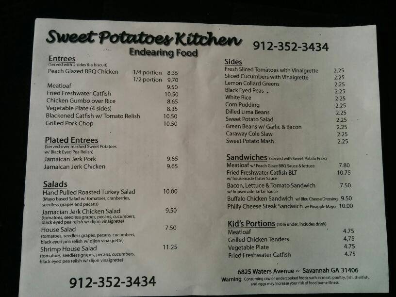 Menu at Sweet Potatoes Kitchen restaurant, Savannah