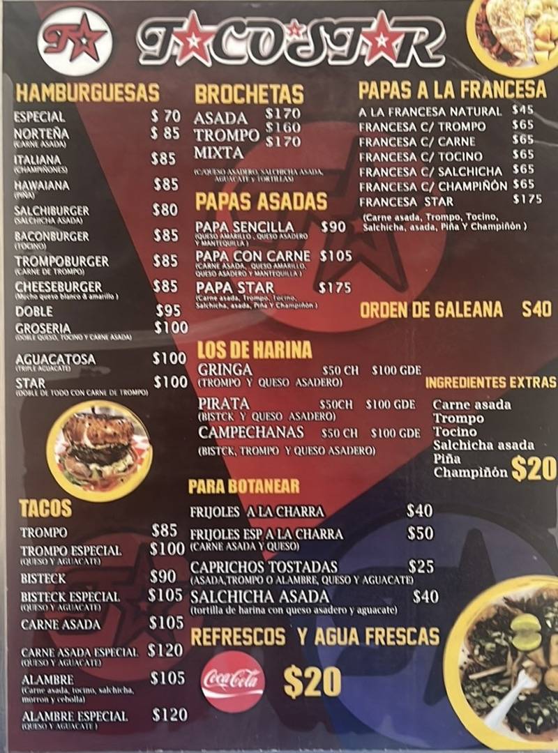 Menu at Taco star restaurant, Monterrey, C. Paseo de las Fuentes 4311A