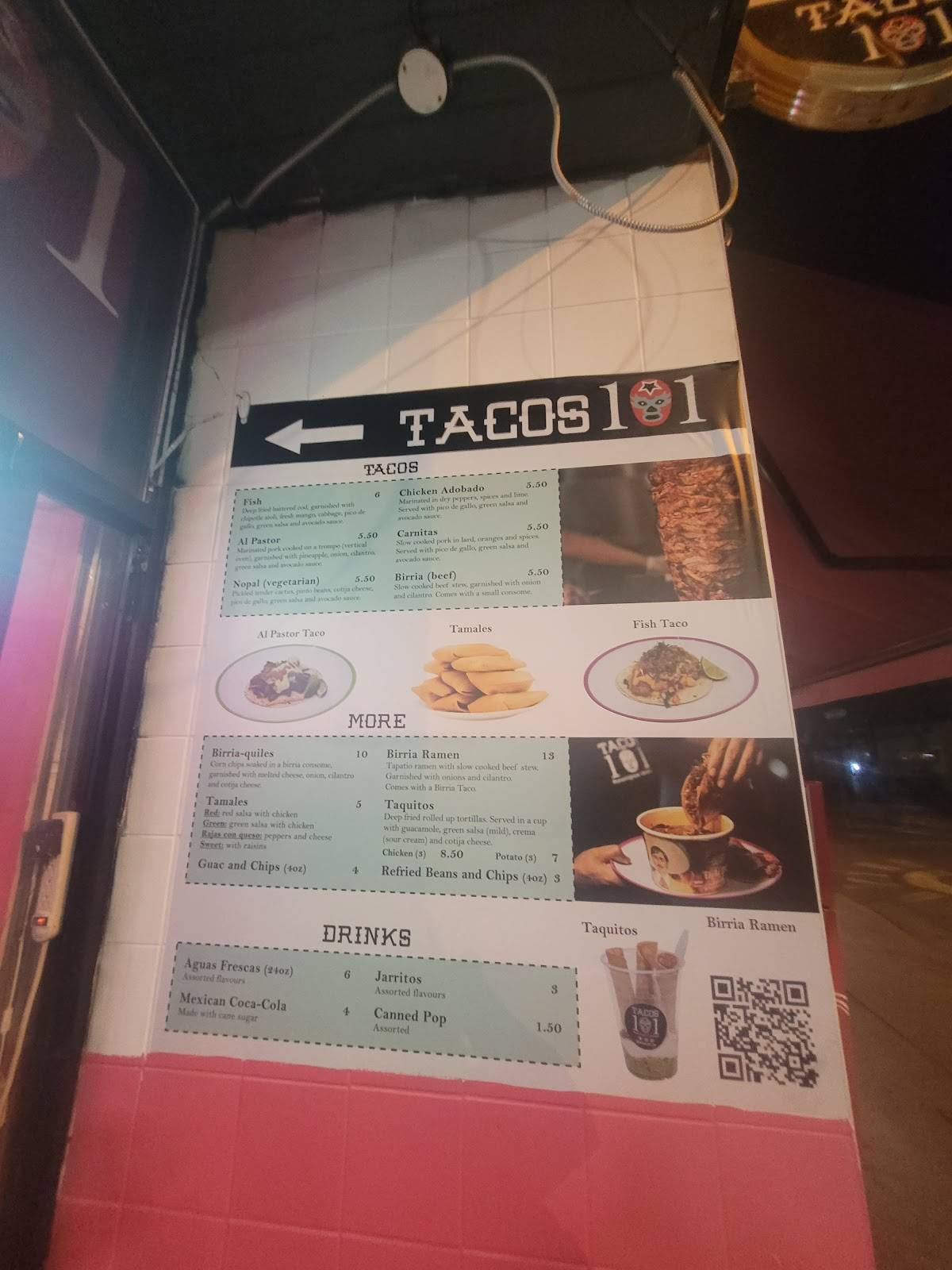 Menu at Tacos 101 and Fruta Libre restaurant, Toronto