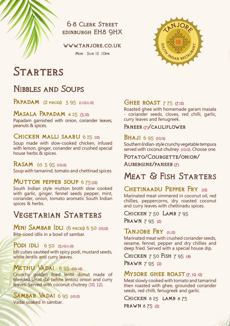 Menu at Tanjore restaurant, Edinburgh