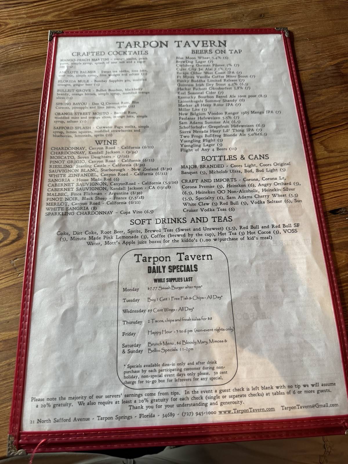Menu at Tarpon Tavern restaurant, Tarpon Springs
