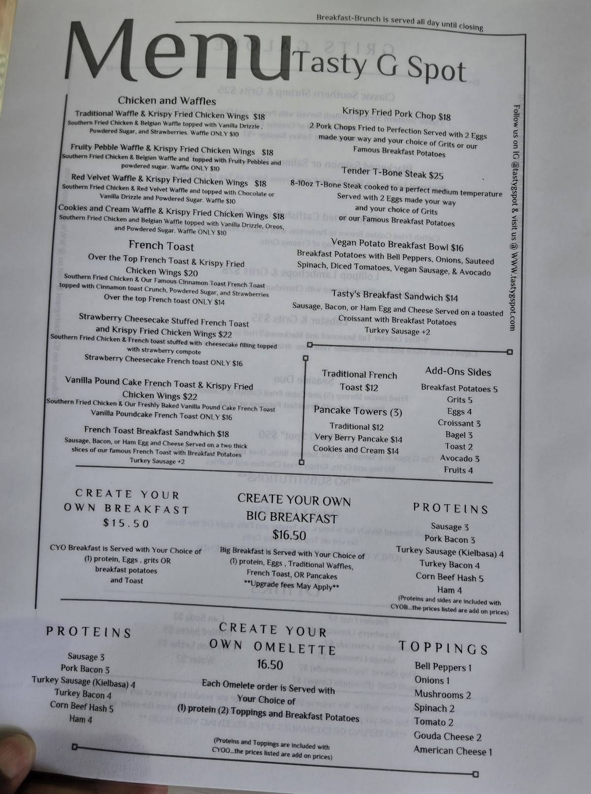 Menu at Tasty G Spot restaurant, Hallandale Beach