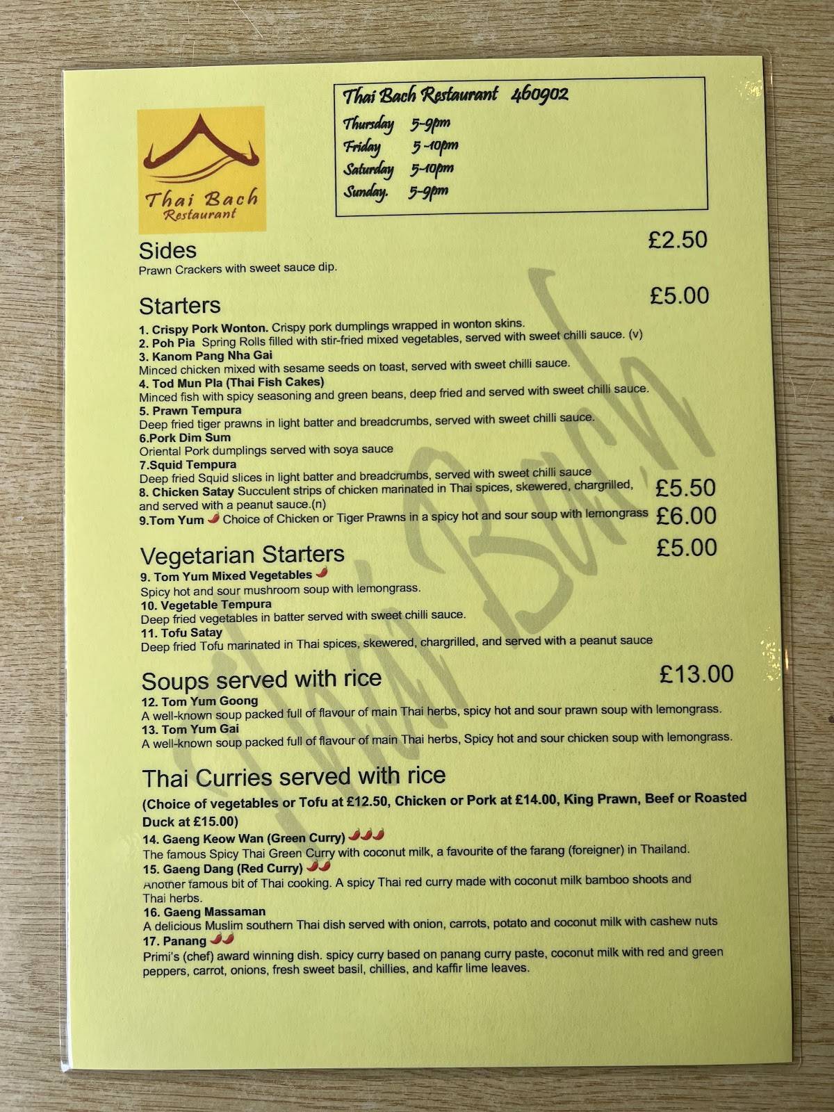 Menu at Thai Bach Restaurant, Swansea