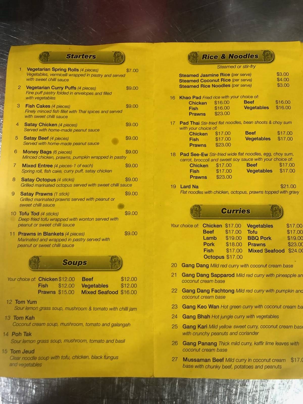 Menu at Thai Inthanon Kitchen restaurant, Coffs Harbour