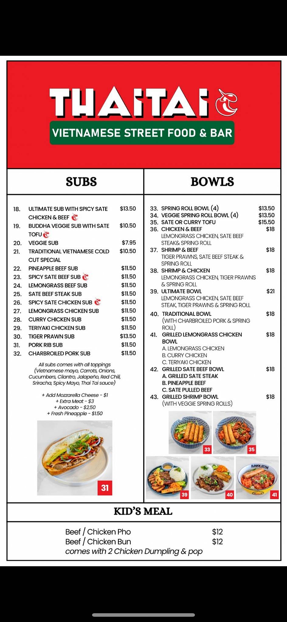 Menu at Thai Tai Vietnamese restaurant, Calgary, 8 St SW