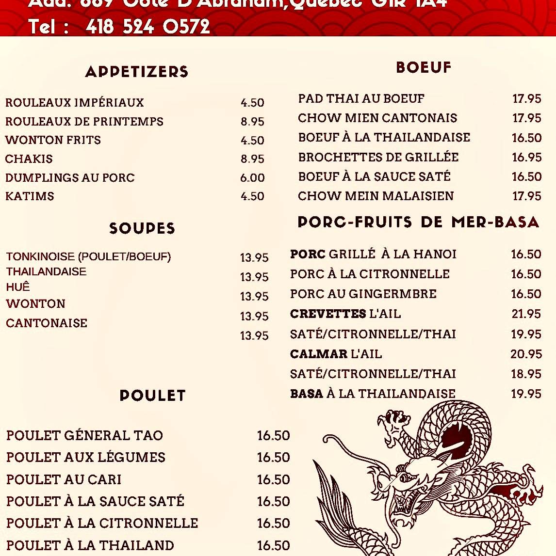 Menu au Restaurant Thang Long, Québec
