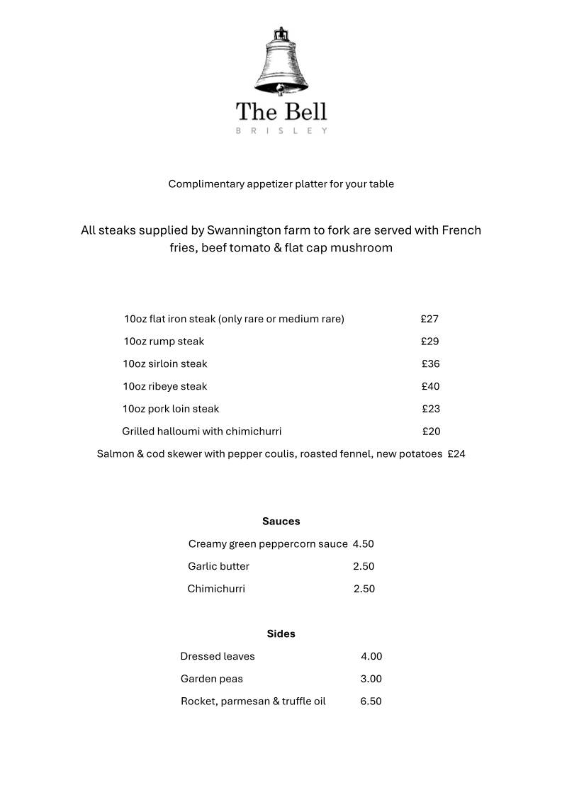 Menu at The Brisley Bell restaurant, Brisley, The Grn