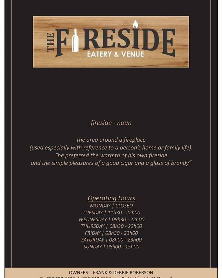 Menu at The Fireside restaurant, Port Elizabeth