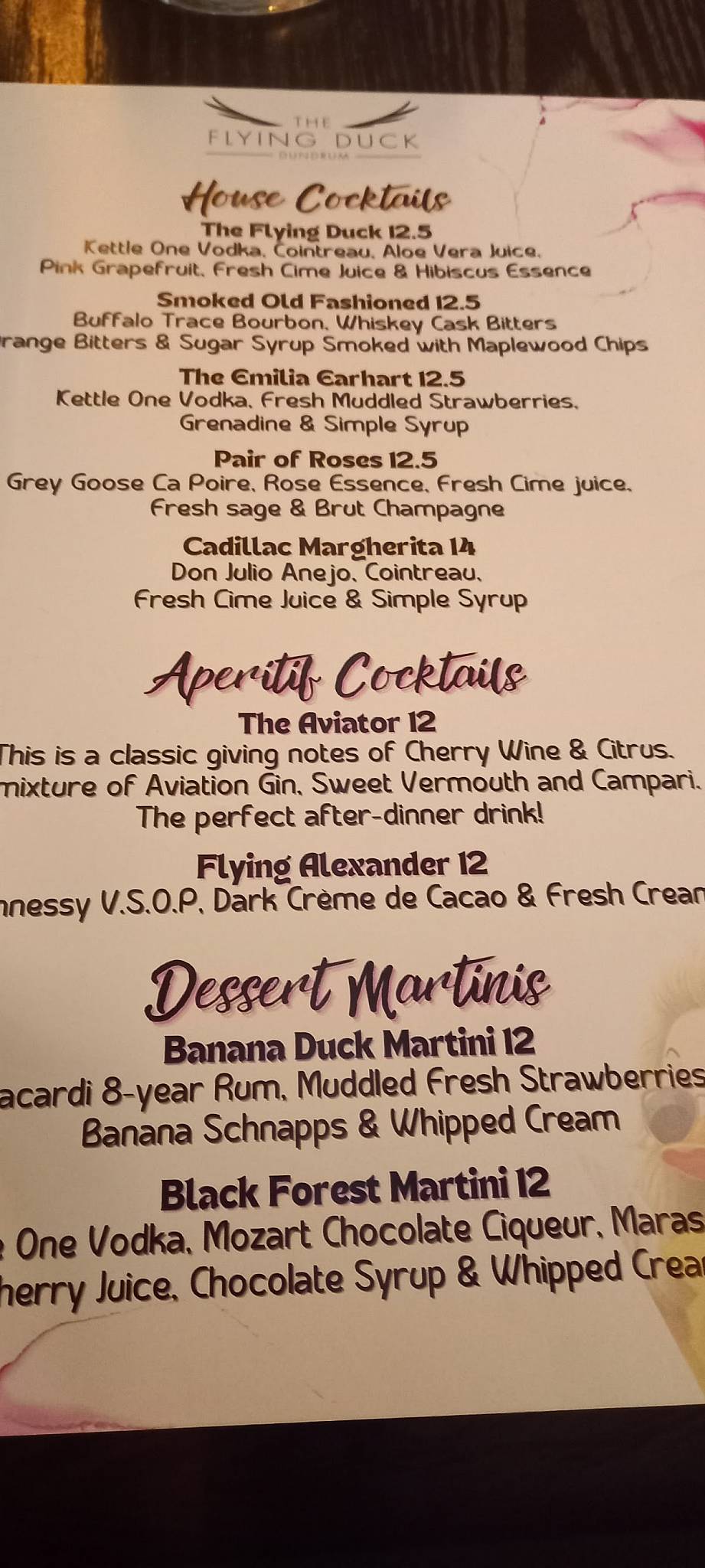 Menu at The Flying Duck restaurant, Dublin