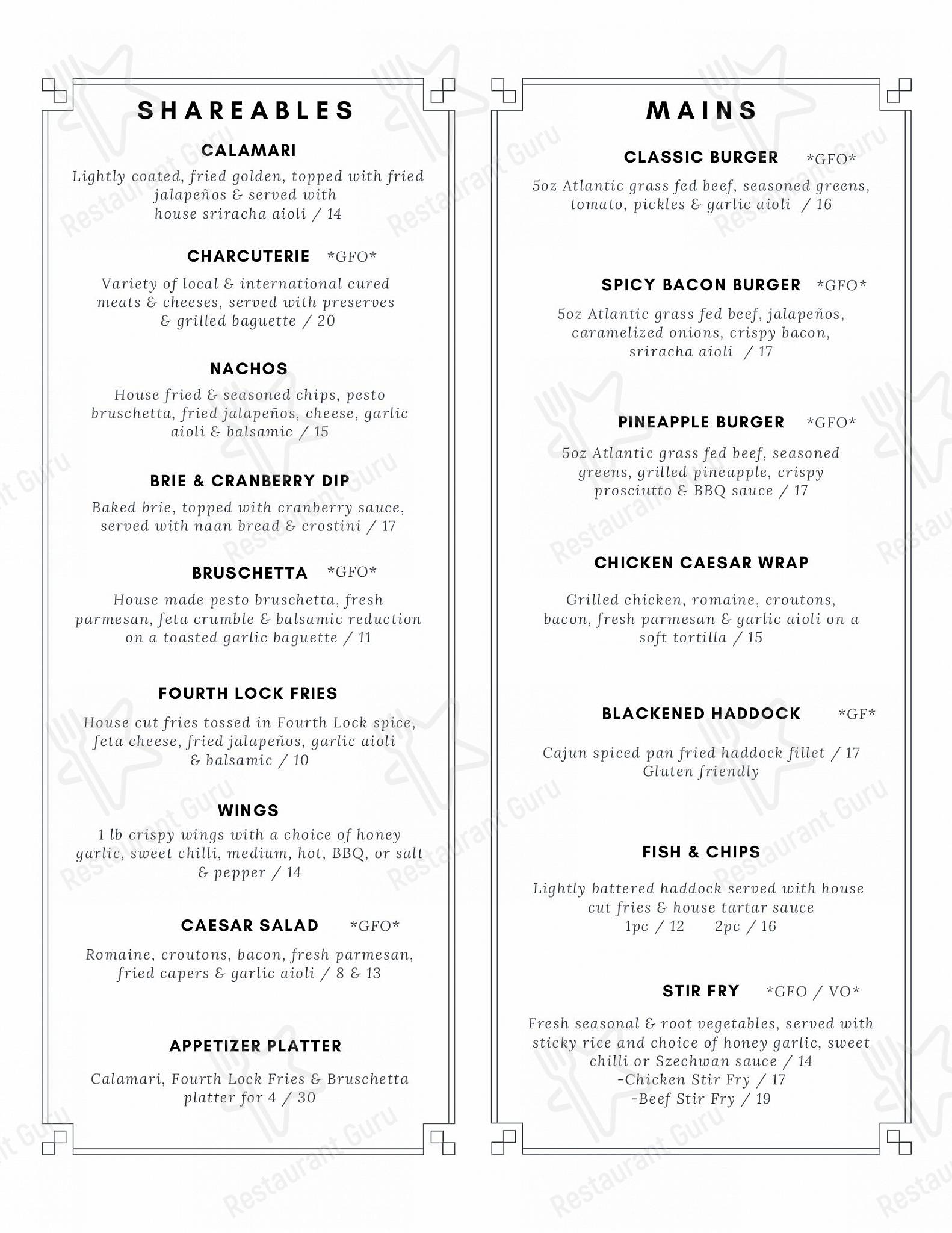 Carta del pub y bar The Fourth Lock, Fall River