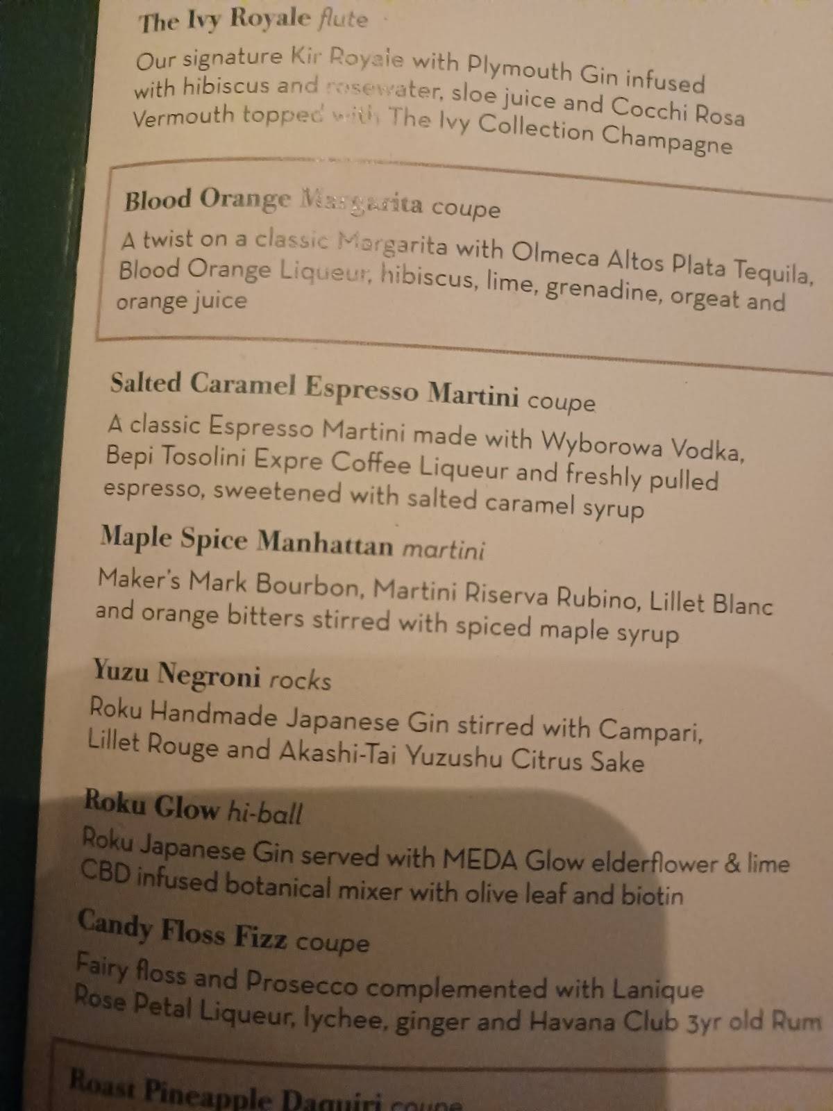 Menu at The Ivy In The Lanes restaurant, Brighton