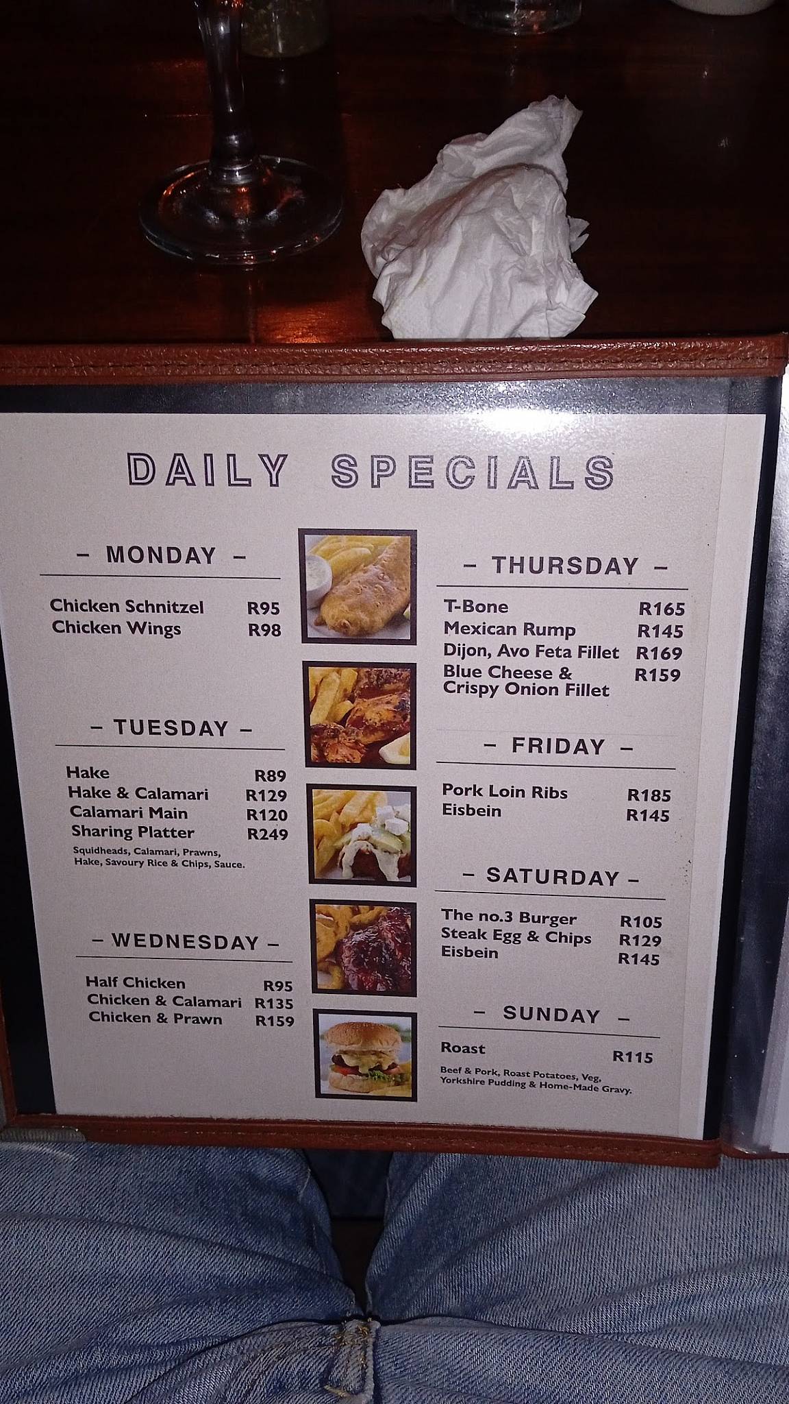 Menu at The Lookout restaurant, Durban