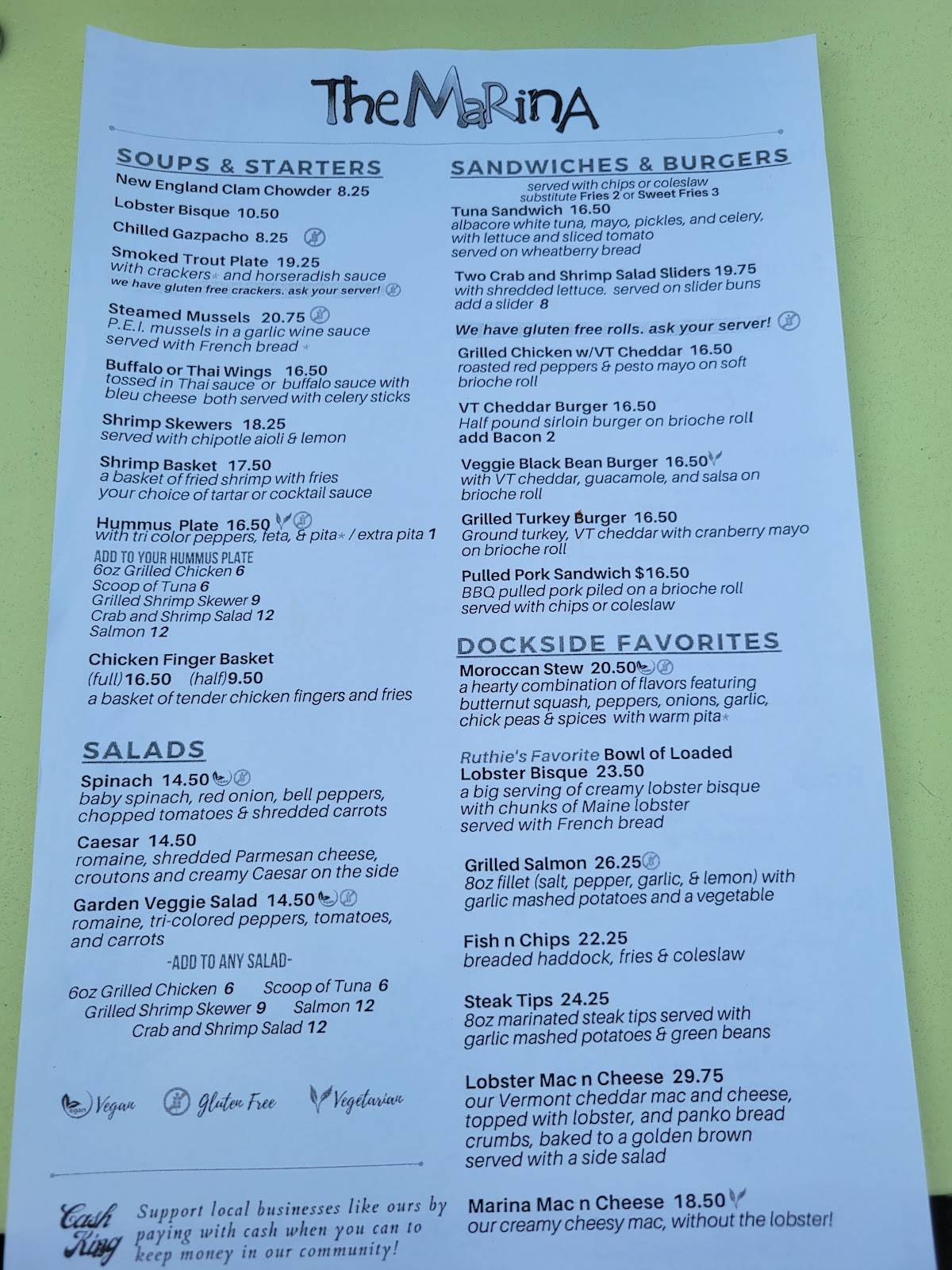 Menu at The Marina restaurant, Brattleboro