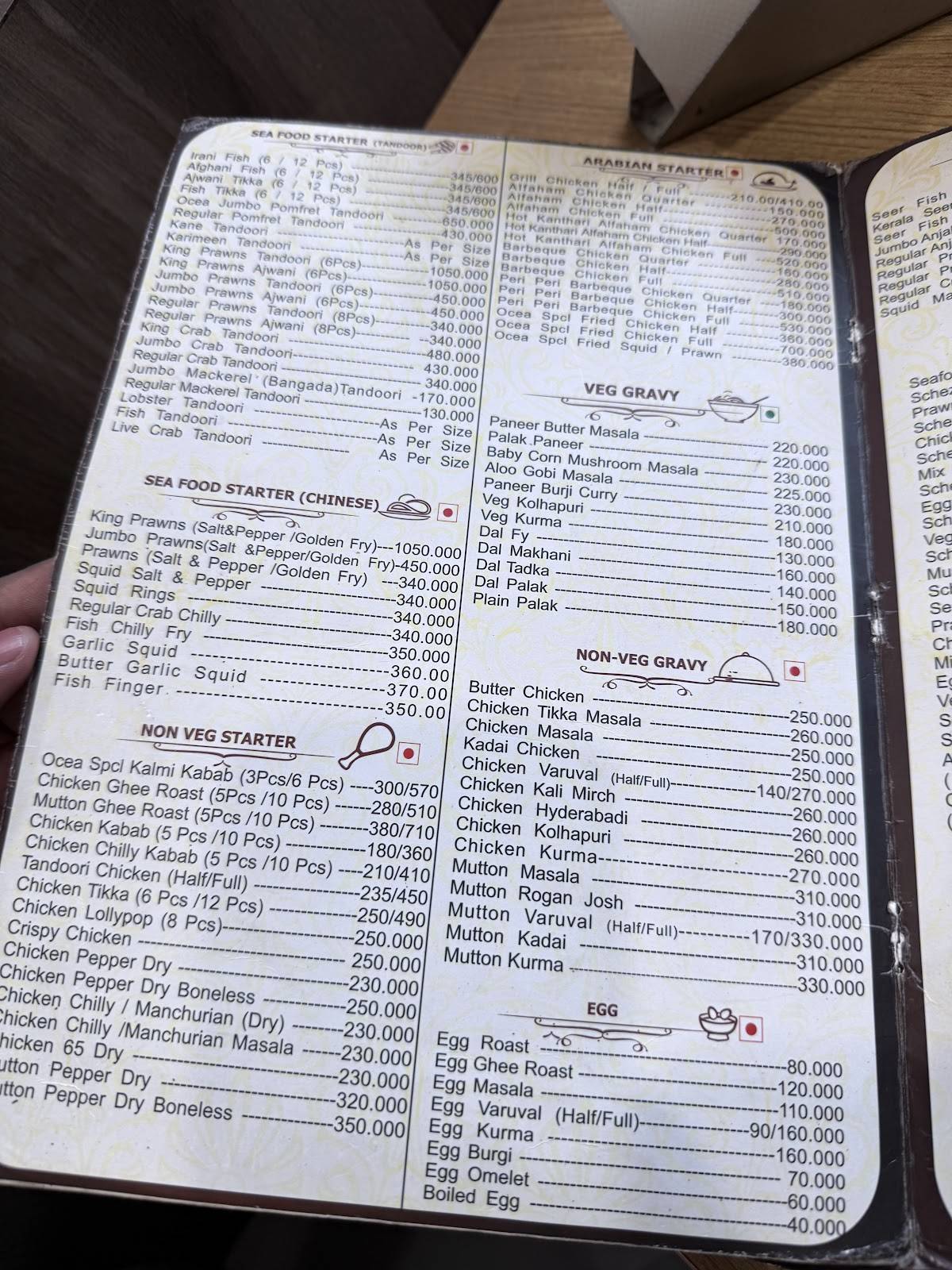 Menu at The Ocea International Hotel, Bengaluru