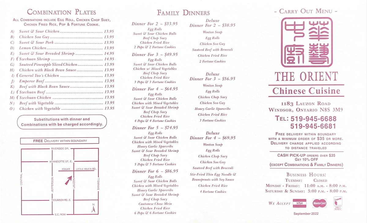 Menu at The Orient Chinese Cuisine restaurant, Windsor