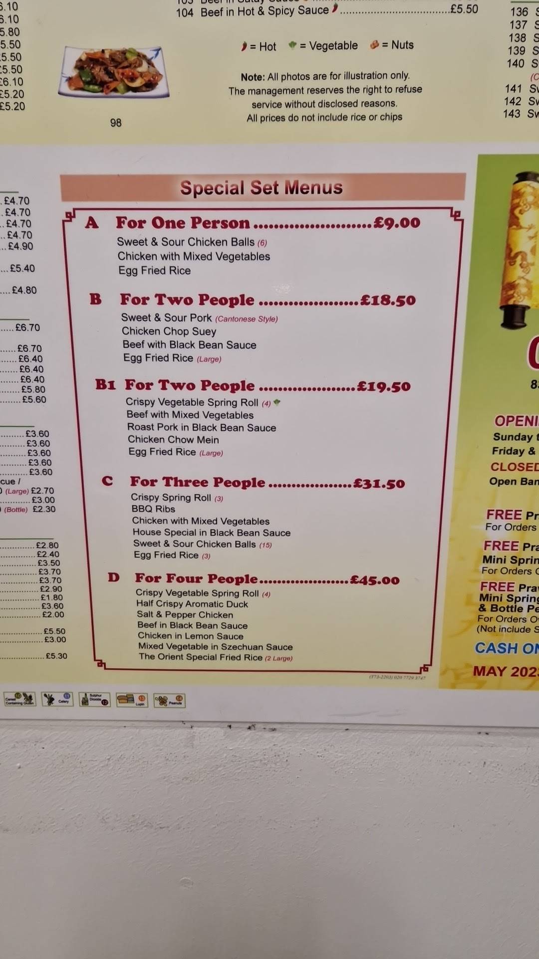 Menu at The Orient Chinese Take Away restaurant, Sheffield