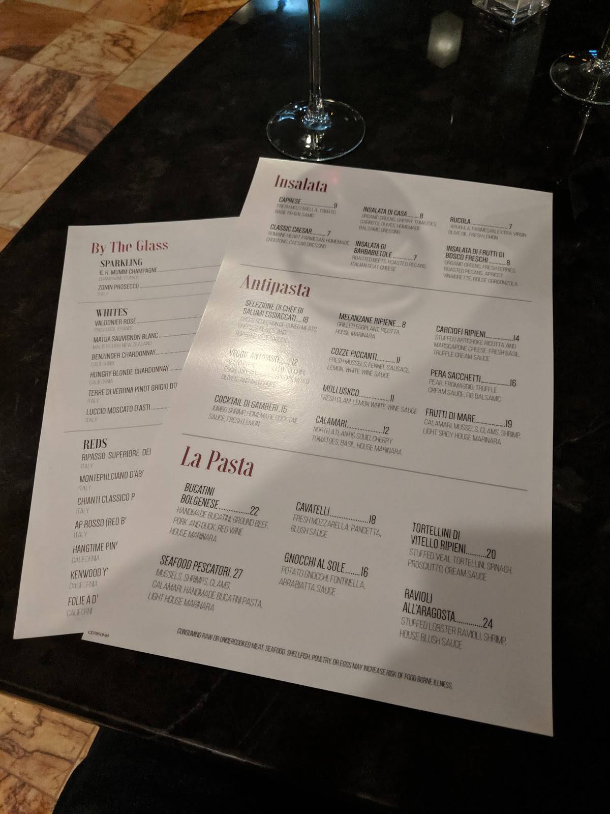 Menu at The Palazzo restaurant, Cleveland