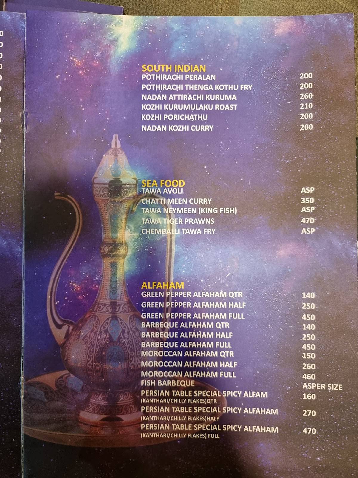 Menu at The Persian Table, Vadayampady