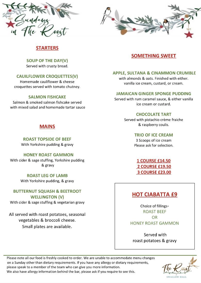 Menu at The Roost restaurant, York, Wheldrake Lane