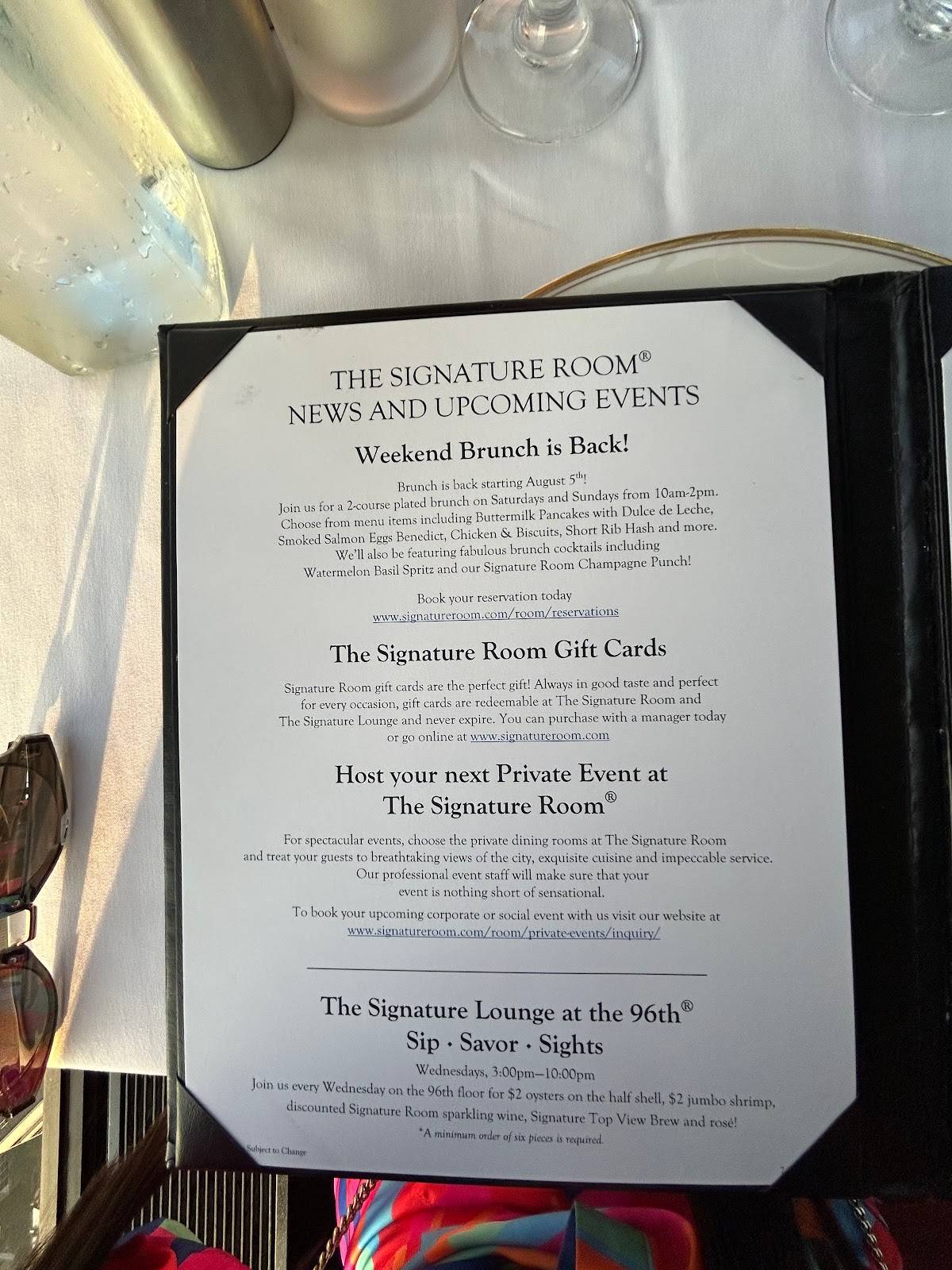 Menu at The Signature Room at the 95th restaurant, Chicago