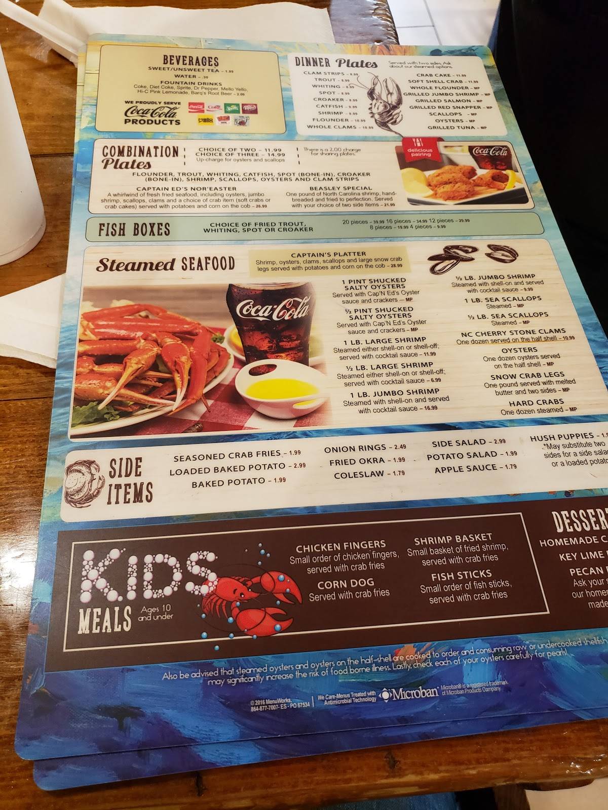 Menu at The Stingray Café restaurant, New Bern
