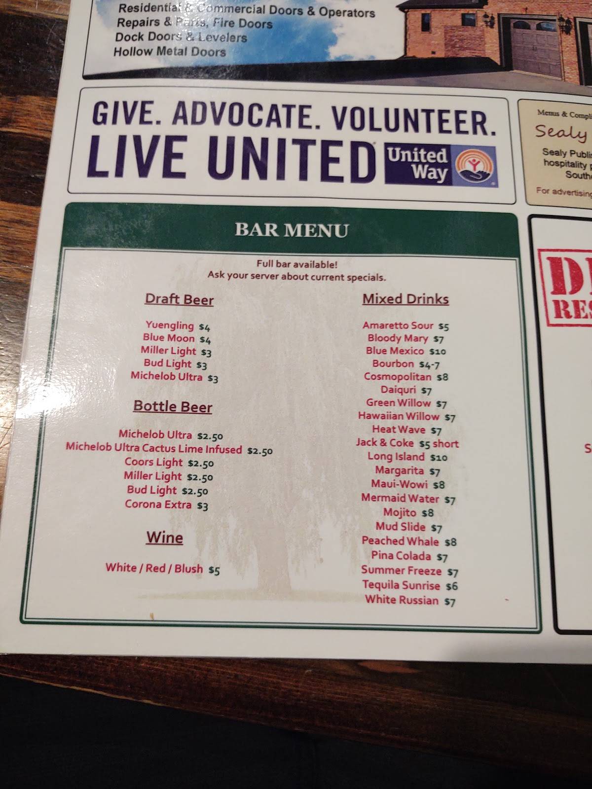 Menu at The Willow Tree Grill restaurant, Summerville