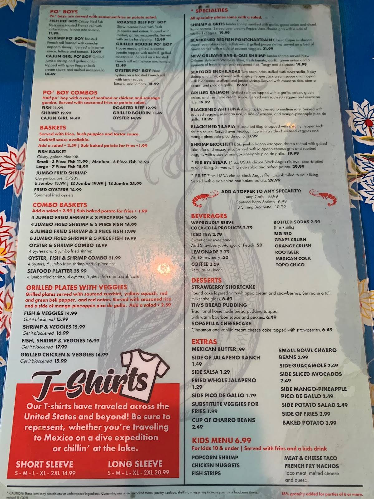 Menu at Tia Juanita’s Fish Camp restaurant, Orange