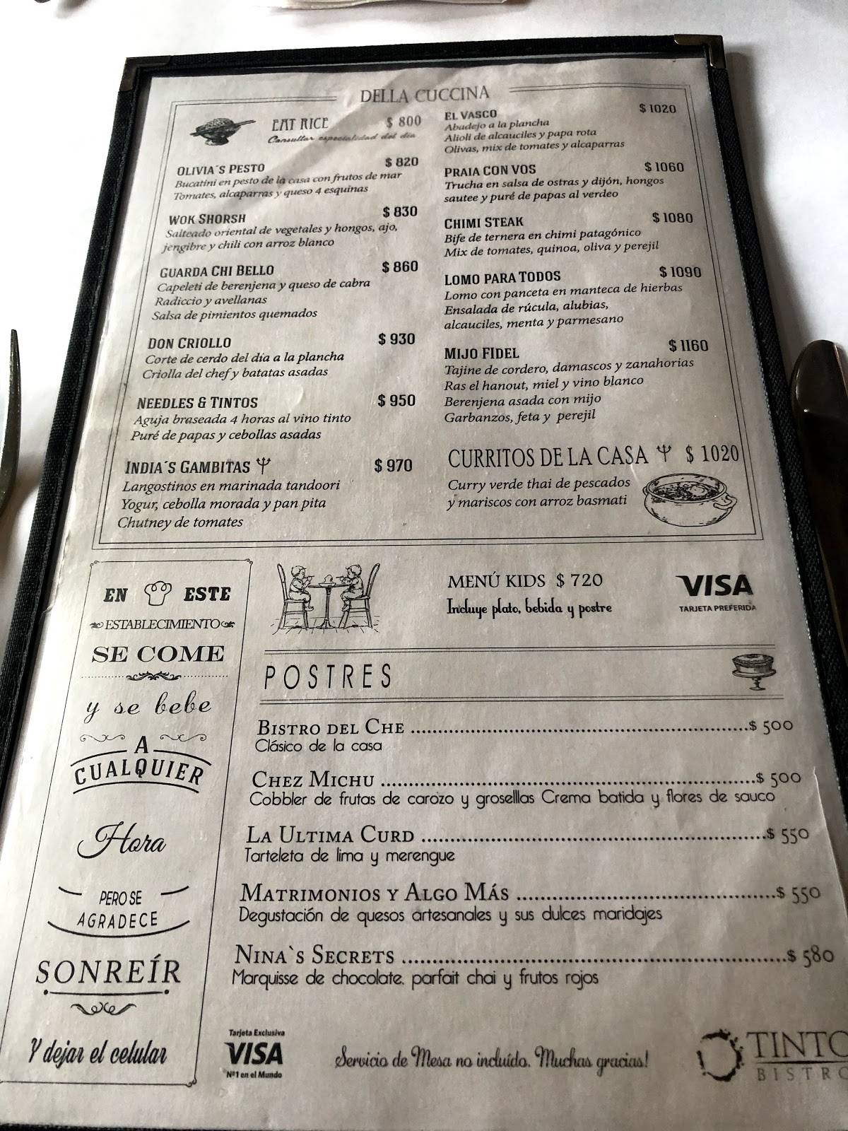 Menu at Tinto Bistró restaurant, Villa La Angostura, Av. Arrayanes 305