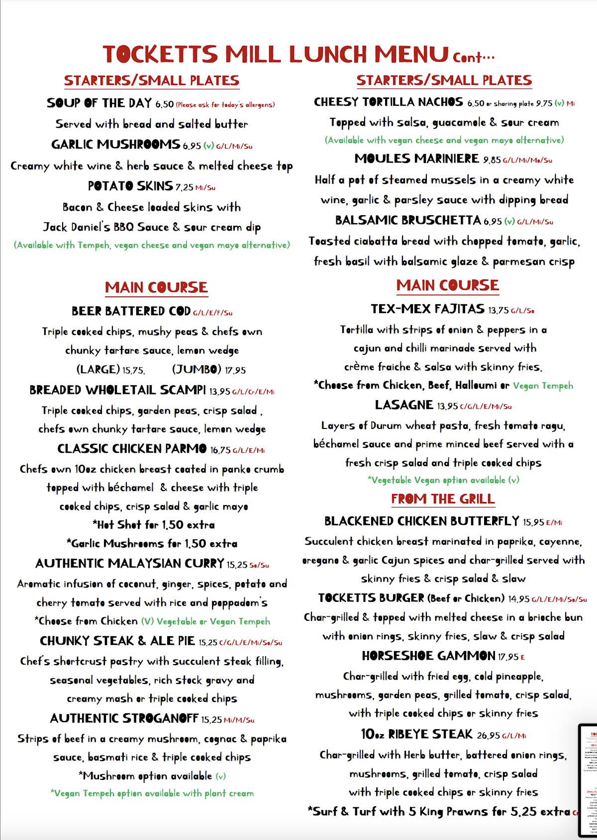 Menu at Tocketts Mill Country Park and Restaurant, Guisborough
