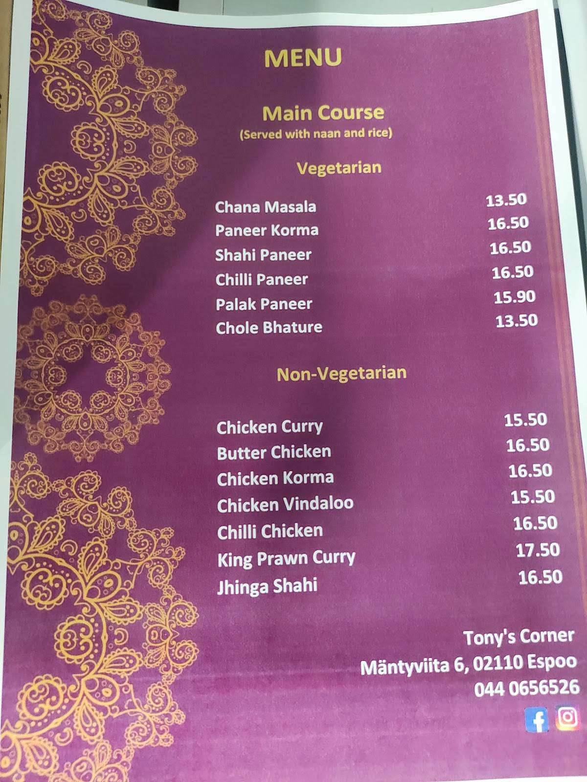Menu at Restaurant Tony's Corner, Espoo