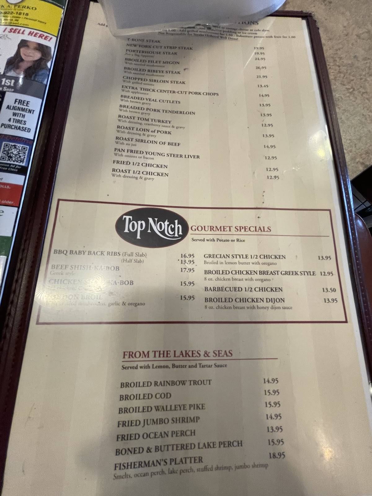 Menu at Top Notch Restaurant, Highland