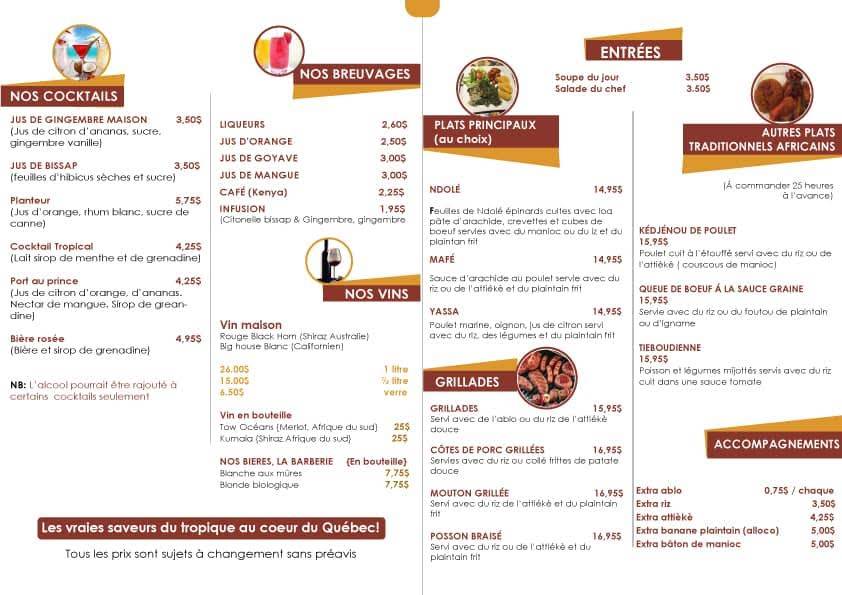 Menu au Restaurant - Traiteur - Epicerie - La Calebasse Québec, Québec
