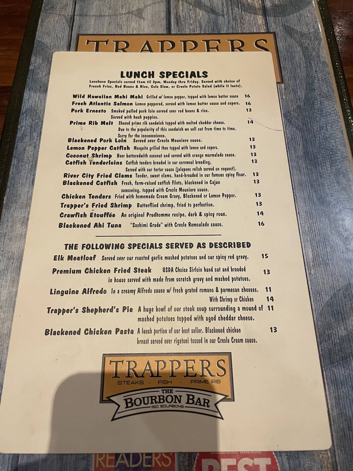 Menu at Trapper's Fishcamp & Grill restaurant, Oklahoma City