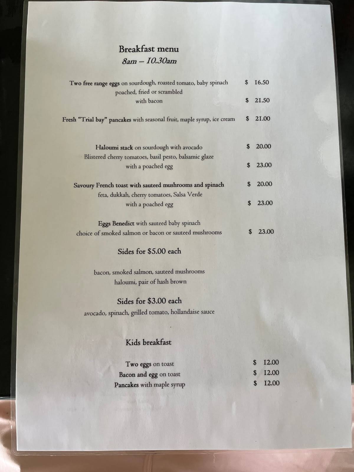 Menu at Trial Bay Kiosk restaurant, South West Rocks